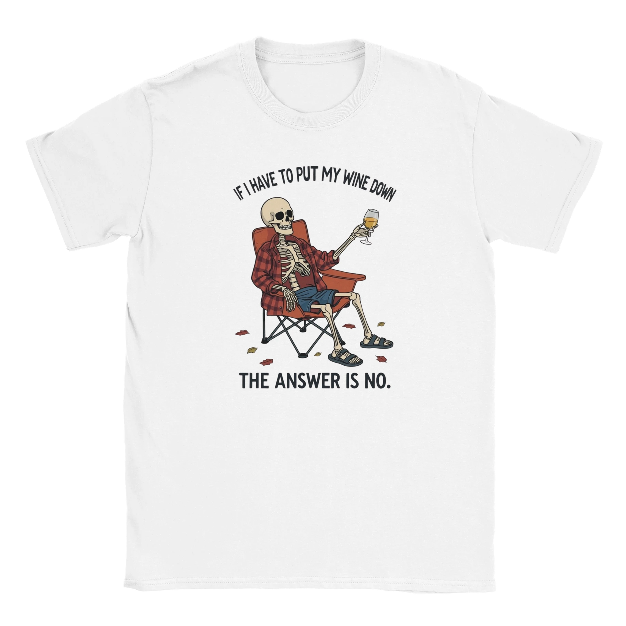 The Answer Is No – rolig t-shirt med skelett och vin – Shirty